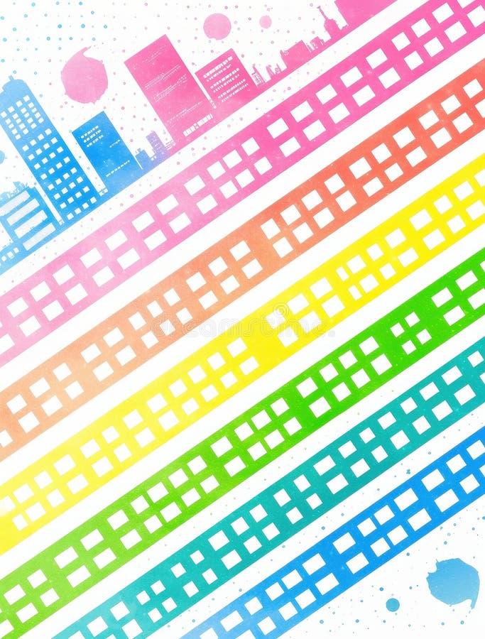Rainbow Cityscape with Grid Pattern Stock Illustration - Illustration ...