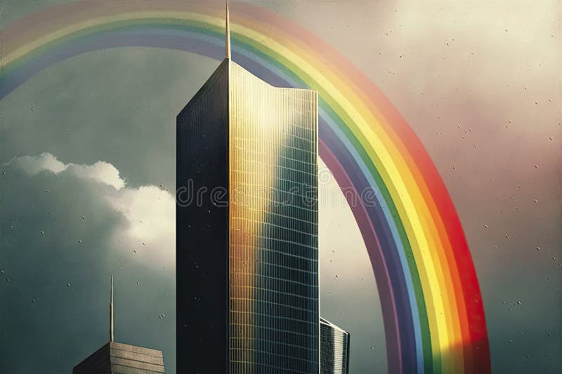 Rainbow, with a Close-up of a Skyscraper in the Background Stock ...