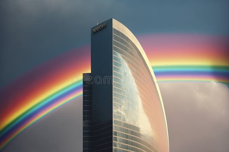 Rainbow, with a Close-up of a Skyscraper in the Background Stock ...
