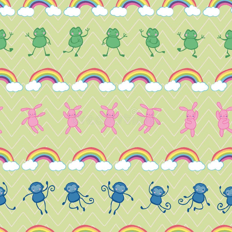 Rainbow Cloud Frog Bunny Rabbit Monkey Zigzag Seamless Pattern Stock ...