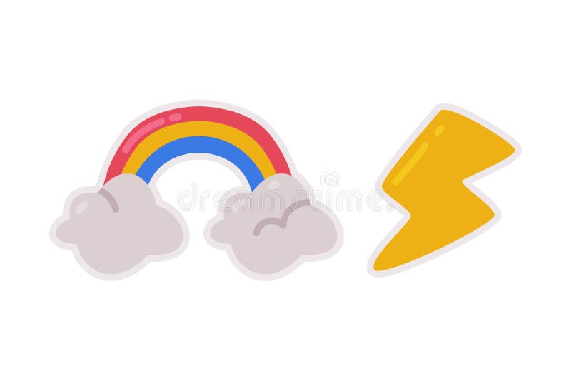 Rainbow with Clouds and Yellow Lightning As Cute Fashion Sticker and ...