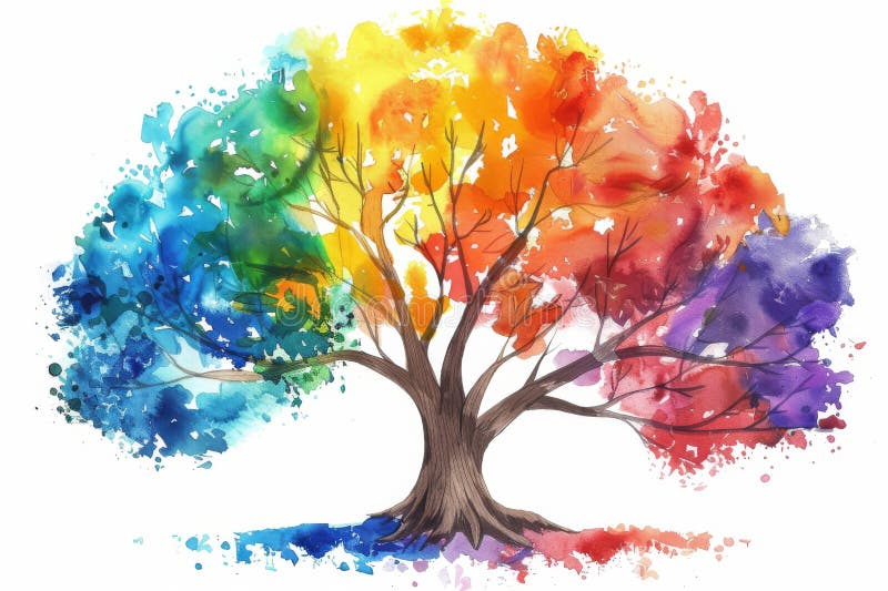 A Rainbow Color Tree Painted with Watercolor on White Stock Photo ...