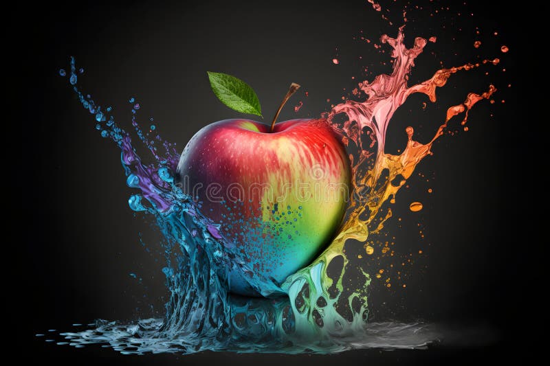 Rainbow Color Water Splash on Red Apple with Leaf. Generative AI Stock ...