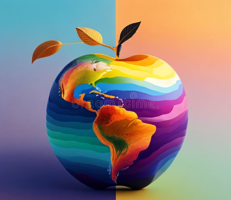 Rainbow Colored Apple with a Paint of the World Map , Amercicas ...