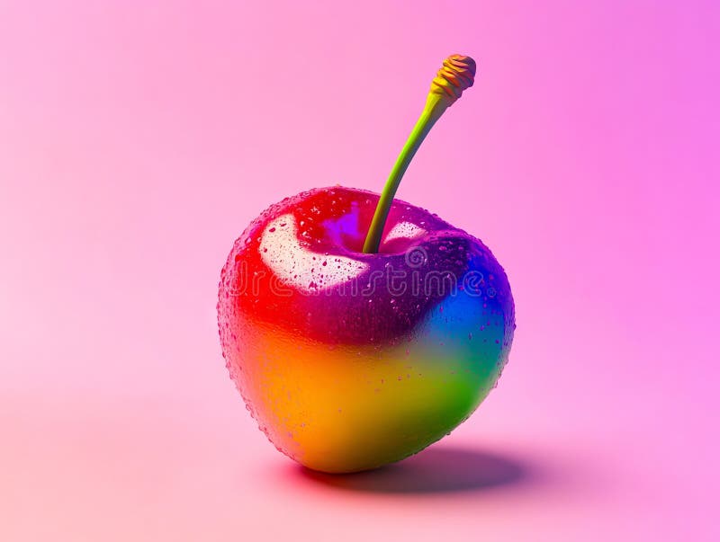 A Rainbow Colored Apple with a Single Cherry on Top of it Stock Image ...