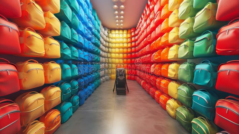 Rainbow-colored Backpack Display in a Futuristic Retail Setting Stock ...
