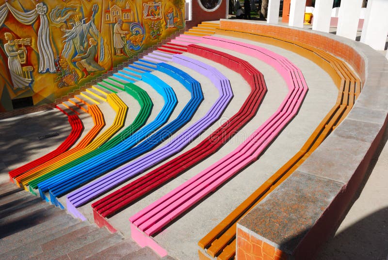Rainbow colored benches stock photo. Image of blue, outdoor - 3294878