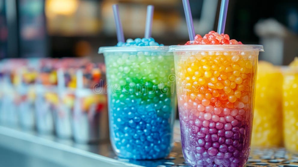 Rainbow Colored Boba Drinks in Clear Cups Stock Illustration ...