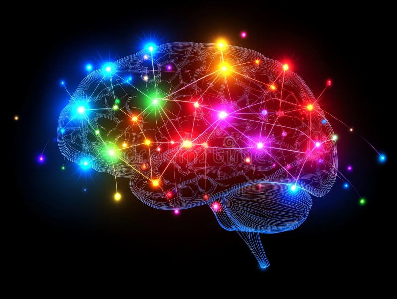 Rainbow Colored Brain with Glowing Neural Pathways Representing ...