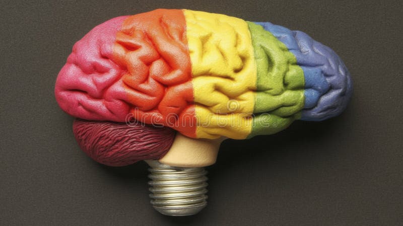 Rainbow-colored Brain Model with Light Bulb Base Representing Creative ...