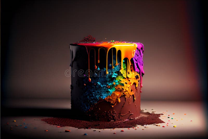 Rainbow Colored Cake Slice with Spoon on Table Dripping Chocolate Syrup ...