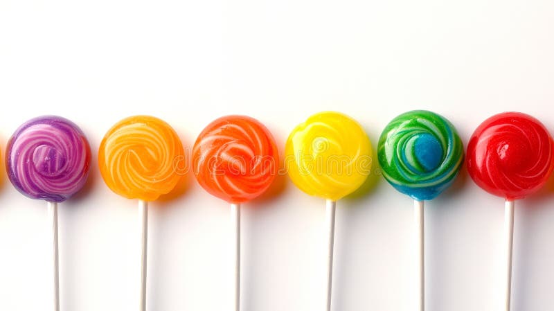 Rainbow Colored Candy Lollipops Making a Perfect Row on White ...