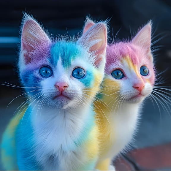 Rainbow Colored Cats are Sitting on a Surface Stock Image - Image of ...