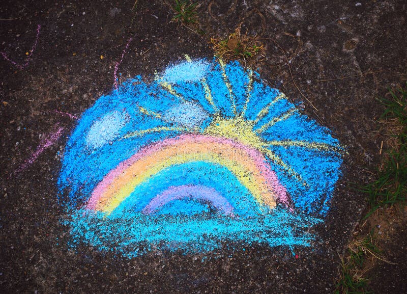 Rainbow of Colored Chalk on a Sidewalk Background, Top View. Stock ...