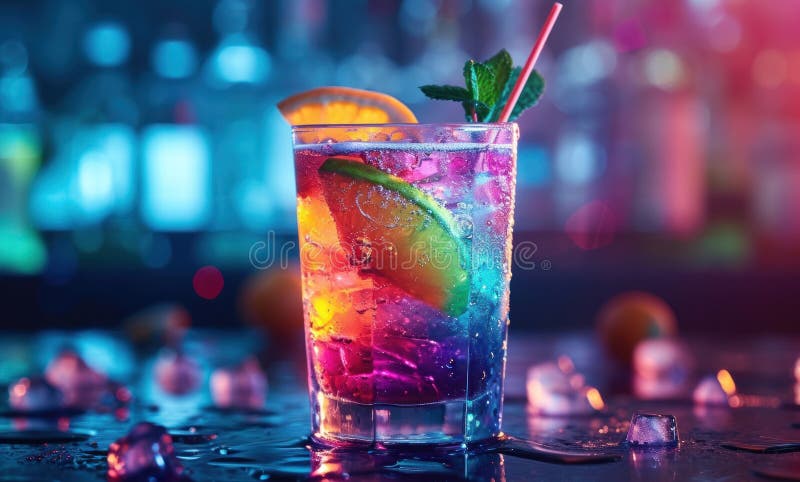 Rainbow Colored Cocktail with Drink Stick is on the Table at Nightclub ...