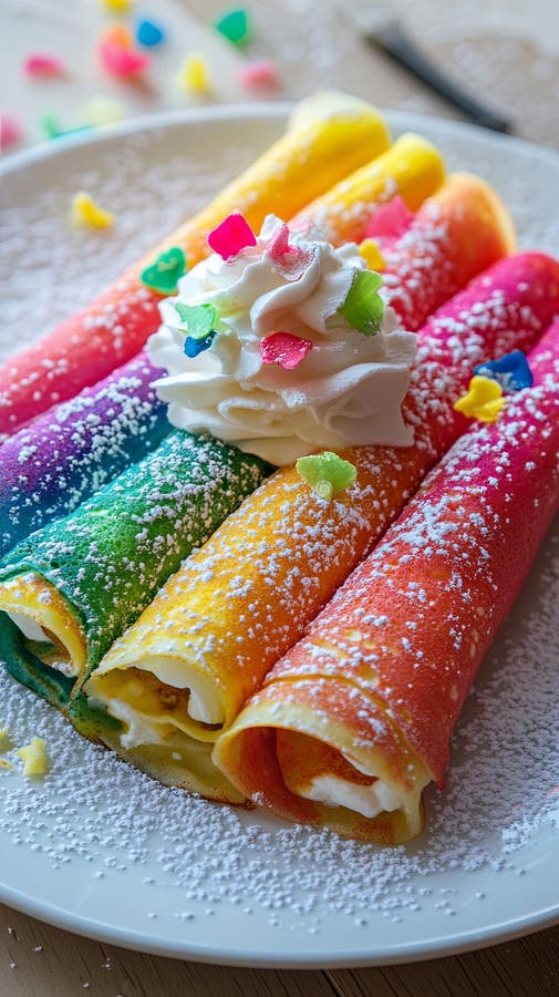 Rainbow Colored Crepes Rolled Served Side Whipped Cream Stock Photos ...