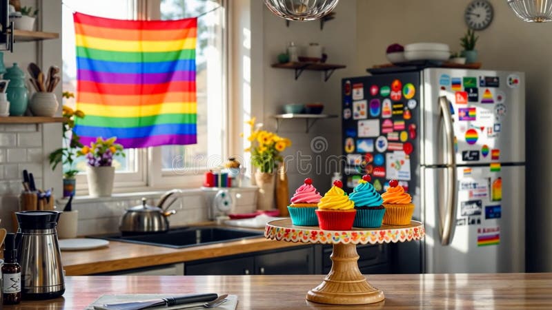 Rainbow Colored Cupcakes in Bright Kitchen with Pride Flag Symbolizing ...