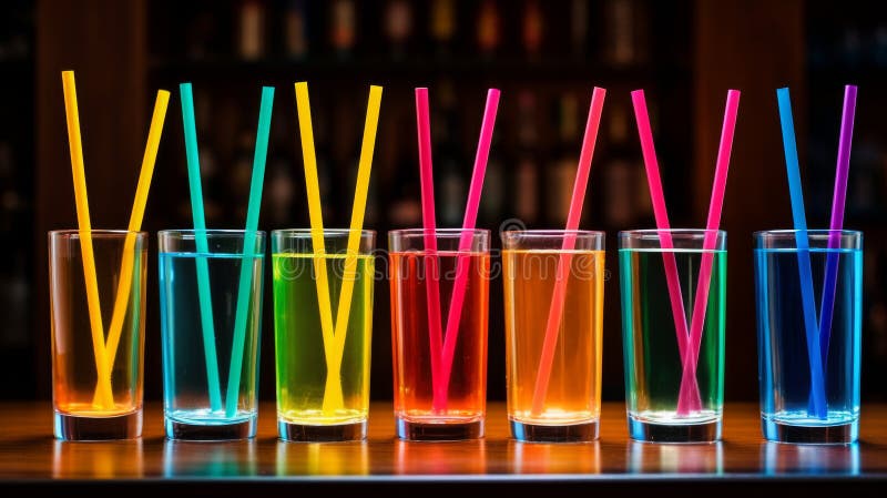 Rainbow Colored Drinks in Clear Glasses with Matching Straws ...