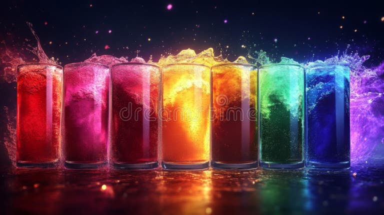 Rainbow Colored Drinks Splashing in Glasses Stock Illustration ...