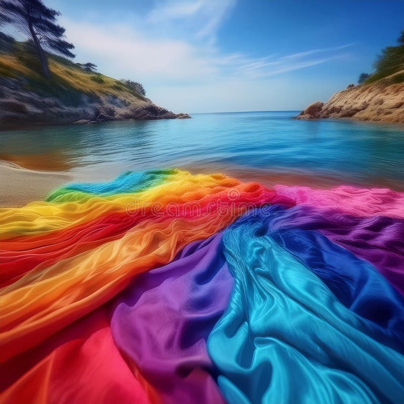 GENERAD IA Rainbow Colored Fabric Flowing on a Tropical Beach Stock ...