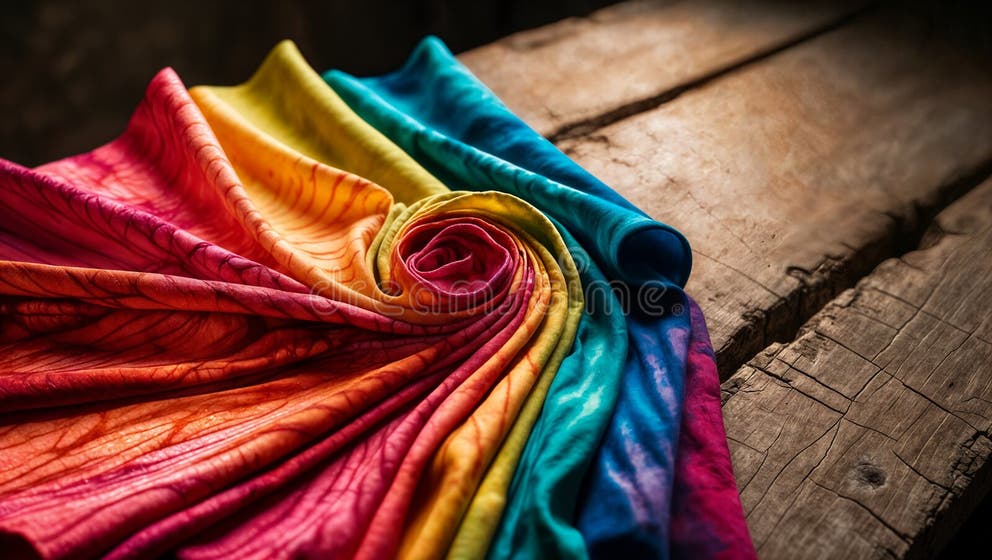 Rainbow Colored Fabric Folded on Rustic Wooden Table Stock Illustration ...
