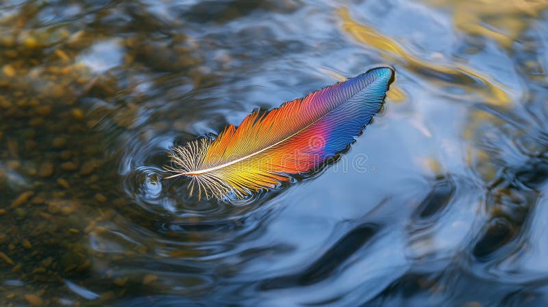 A Rainbow-colored Feather Drifts Softly on the Clear Blue Water Stock ...