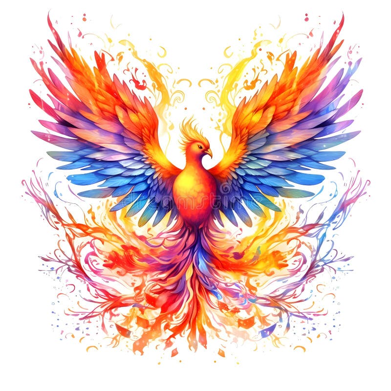 Rainbow Colored Fire Phoenix on a White Isolated Background Stock ...