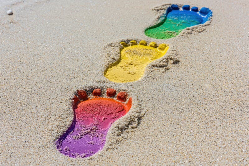 Rainbow Colored Footprints Leading Forward Sandy Beach Background ...
