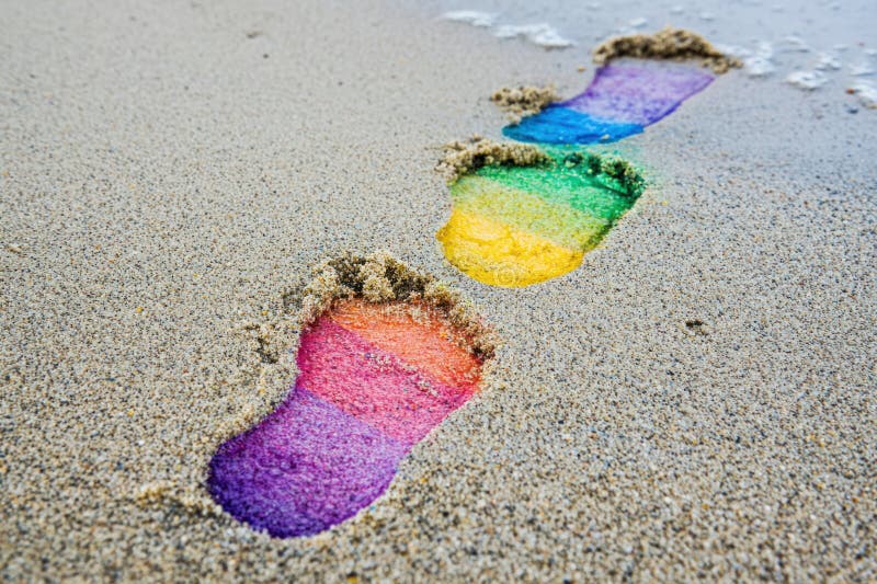 Rainbow Colored Footprints Leading Forward on Sandy Beach, Symbolizing ...