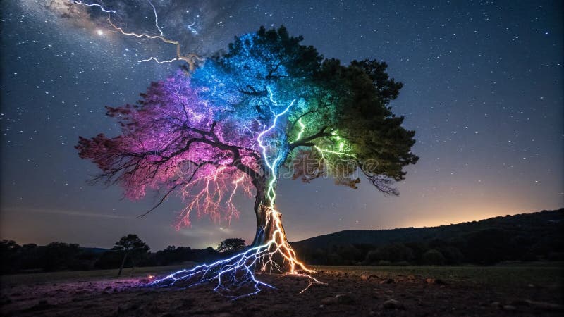 Rainbow Colored Glowing Tree of Life with Lightning Roots with a Starry ...