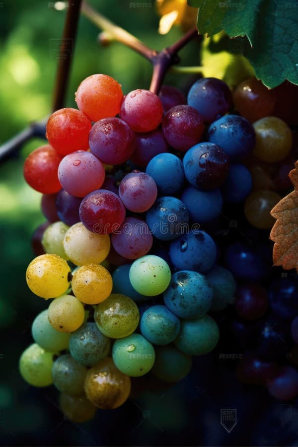 Rainbow-Colored Grapes on the Vine for Wine Labels and Menus. Stock ...
