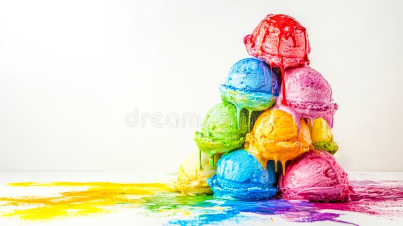 Melting Colorful Ice Cream Scoops Arranged in Pyramid Shape on White ...
