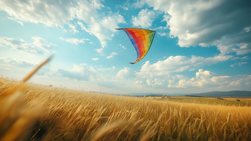 Rainbow-colored Kite Soaring High in an Open Field Stock Image - Image ...