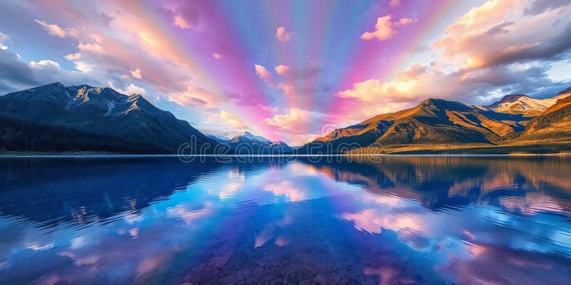 The Rainbow-colored Lake Reflects Light and Shadows from the Sky and ...