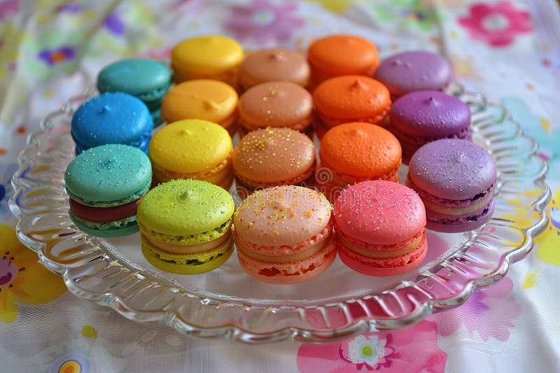 Rainbow-colored Macarons Arranged Elegantly on a Transparent Plate ...