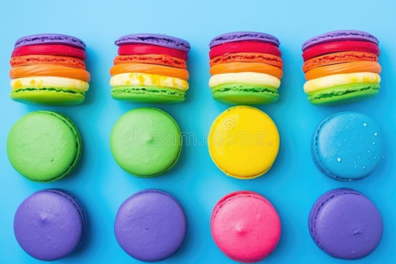 Rainbow-colored Macarons Arranged Vertically on a Bright Blue Surface ...
