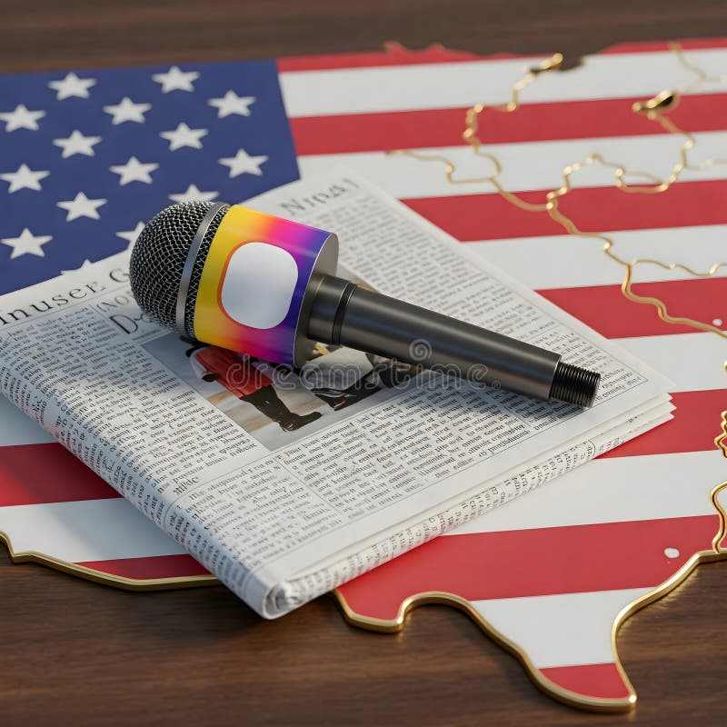Rainbow Colored Microphone with White Spaces on a Newspaper Over a Map ...
