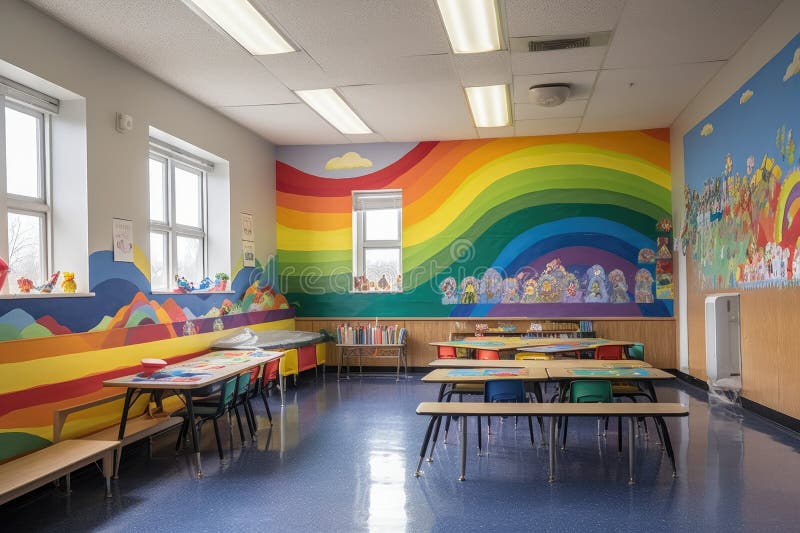 Rainbow-colored Mural on the Walls of Elementary School Classroom Stock ...