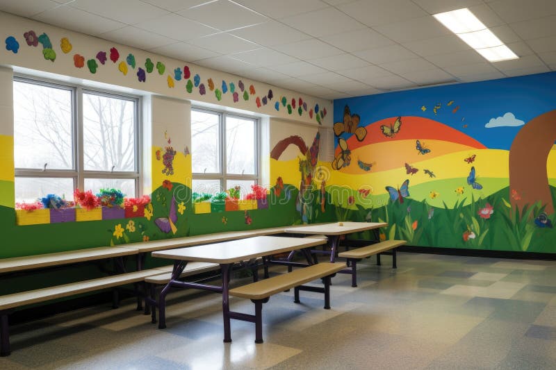 Rainbow-colored Mural on the Walls of Elementary School Classroom Stock ...
