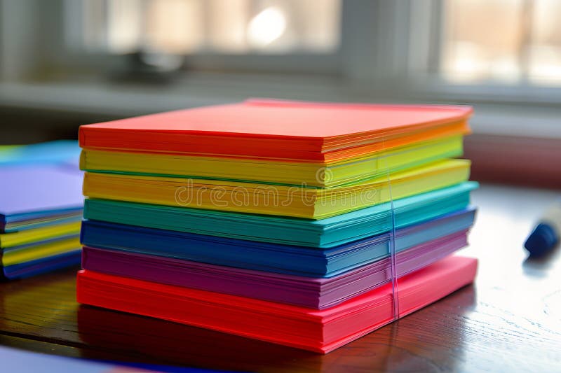 Rainbow-colored Notepads Transparently Stacked on a Desk Stock ...