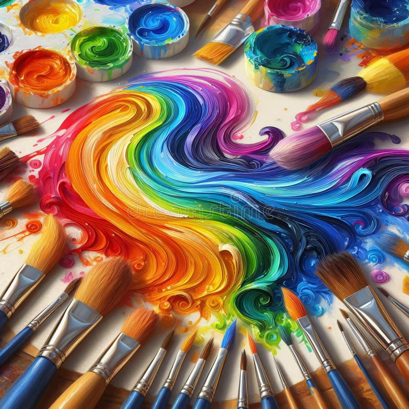 Rainbow Colored Oil Painting, Abstract Diversity Multiple Color Brushes ...