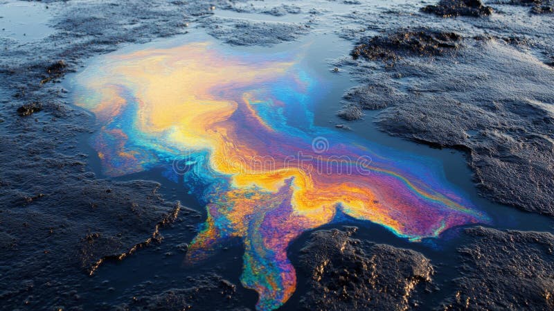 A Rainbow-Colored Oil Slick on Dark Water Stock Illustration ...