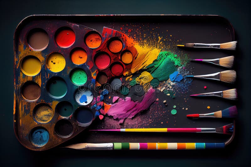 A Rainbow-colored Paint Palette, with a Selection of Brushes and ...
