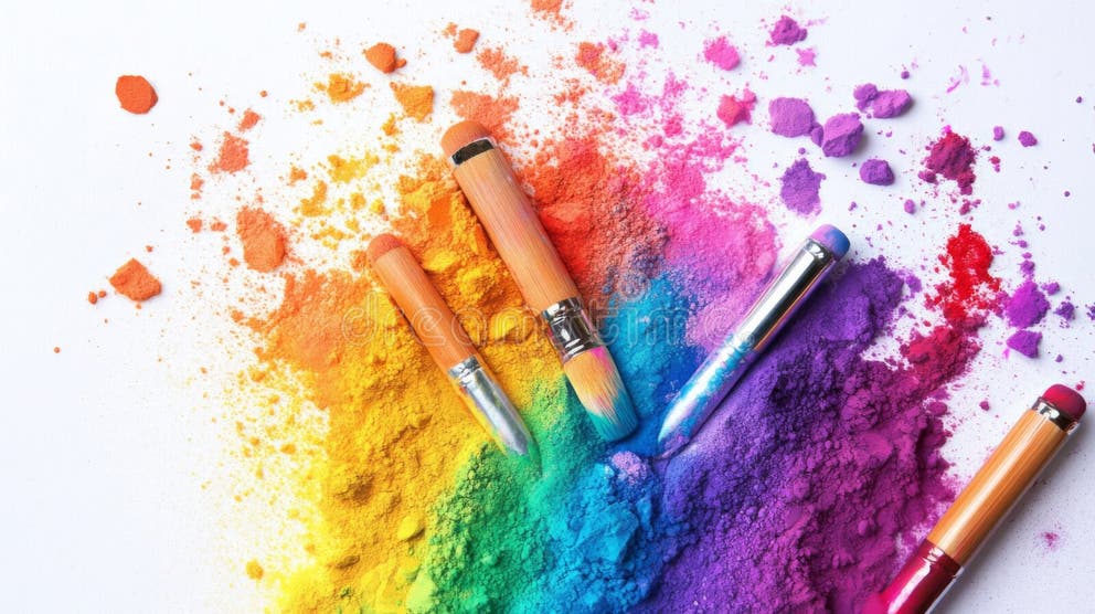 Rainbow Colored Paint Powder with Brushes on White Background Stock ...