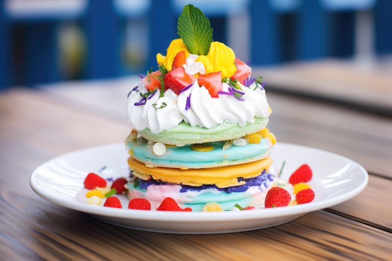 Rainbow-colored Pancakes Stack with Whipped Cream Clouds Stock Photo ...