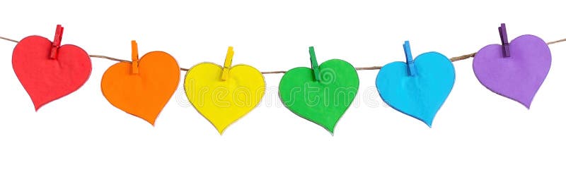 Rainbow-colored Paper Hearts Hanging from a Rope on the Empty White ...