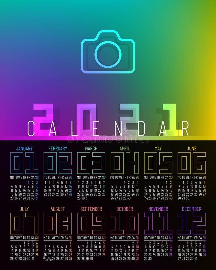 Rainbow Colored Poster Calendar 2021 Design Monday Start Stock Vector ...