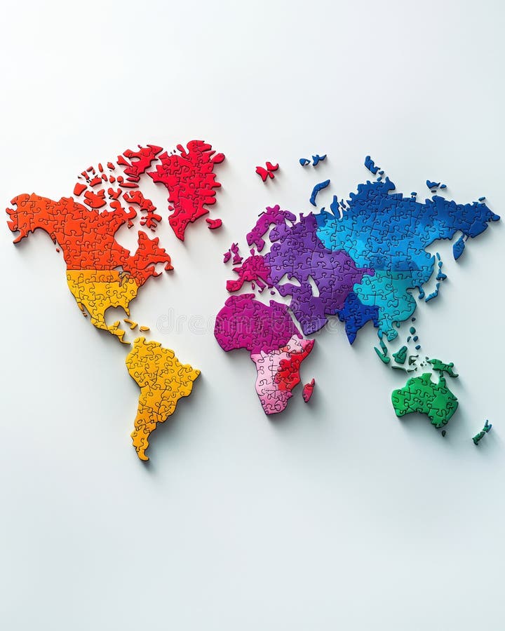 Rainbow Colored Puzzle Pieces Creating World Map Symbolizing Global ...