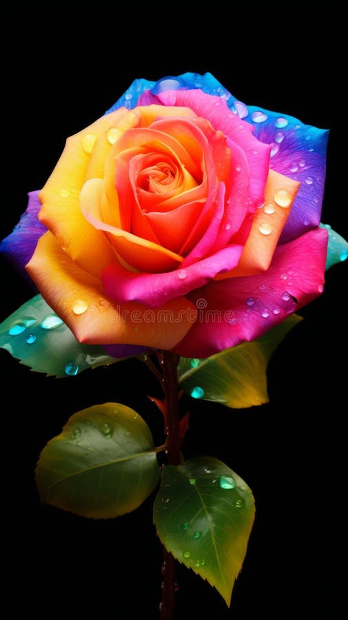 A Rainbow Colored Rose with Water Droplets on it Stock Image - Image of ...