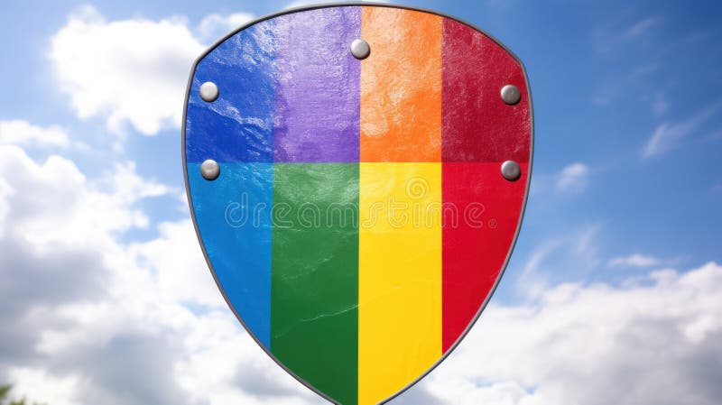 A Rainbow Colored Shield with Blue Sky and Clouds Stock Illustration ...